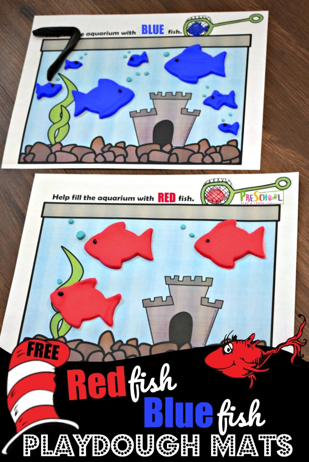 🐟 FREE Printable Red Fish Blue Fish Playdough Mats