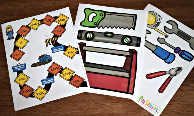 🔧 FREE Printable Construction Pre-K Sight Word Game