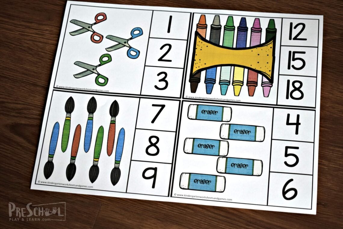 FREE Printable Back to School Count to 20 Clip Cards