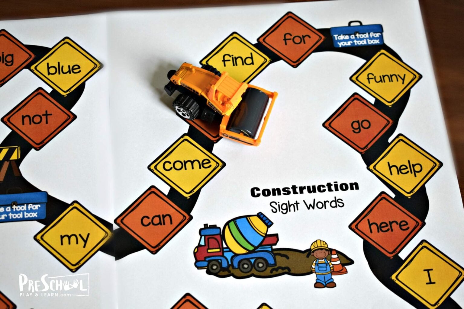 🔧 FREE Printable Construction Pre-K Sight Word Game