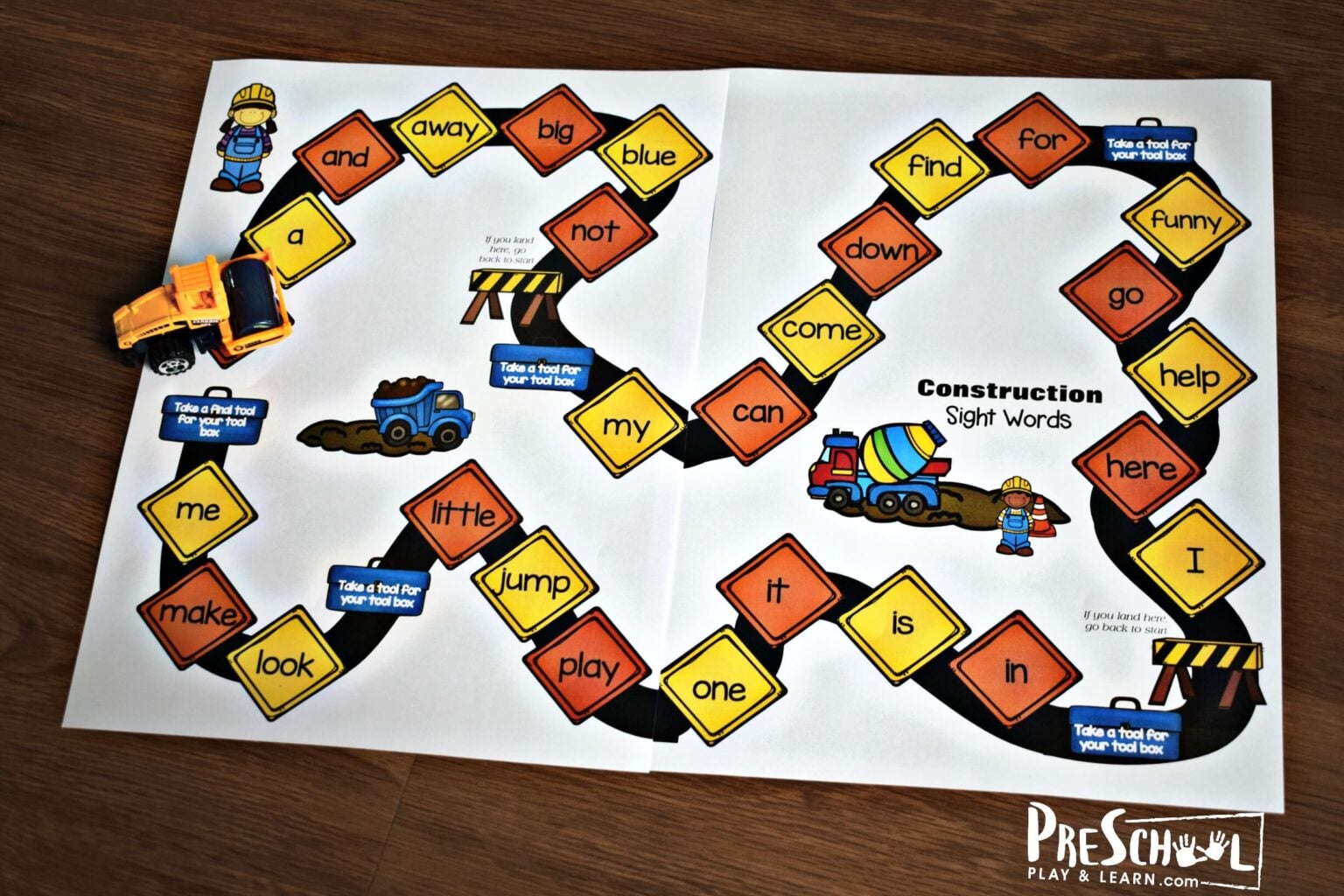 🔧 FREE Printable Construction Pre-K Sight Word Game