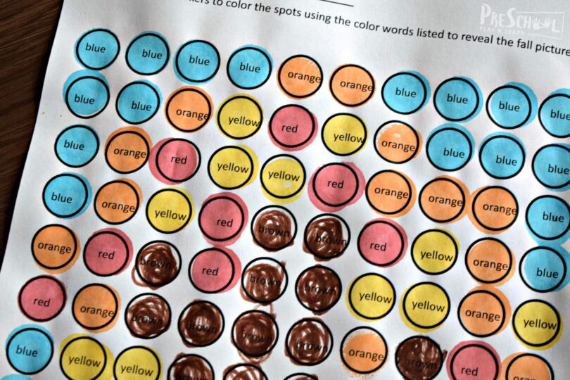 🍂 FREE Printable Fall Color Words Worksheets with Dot Markers