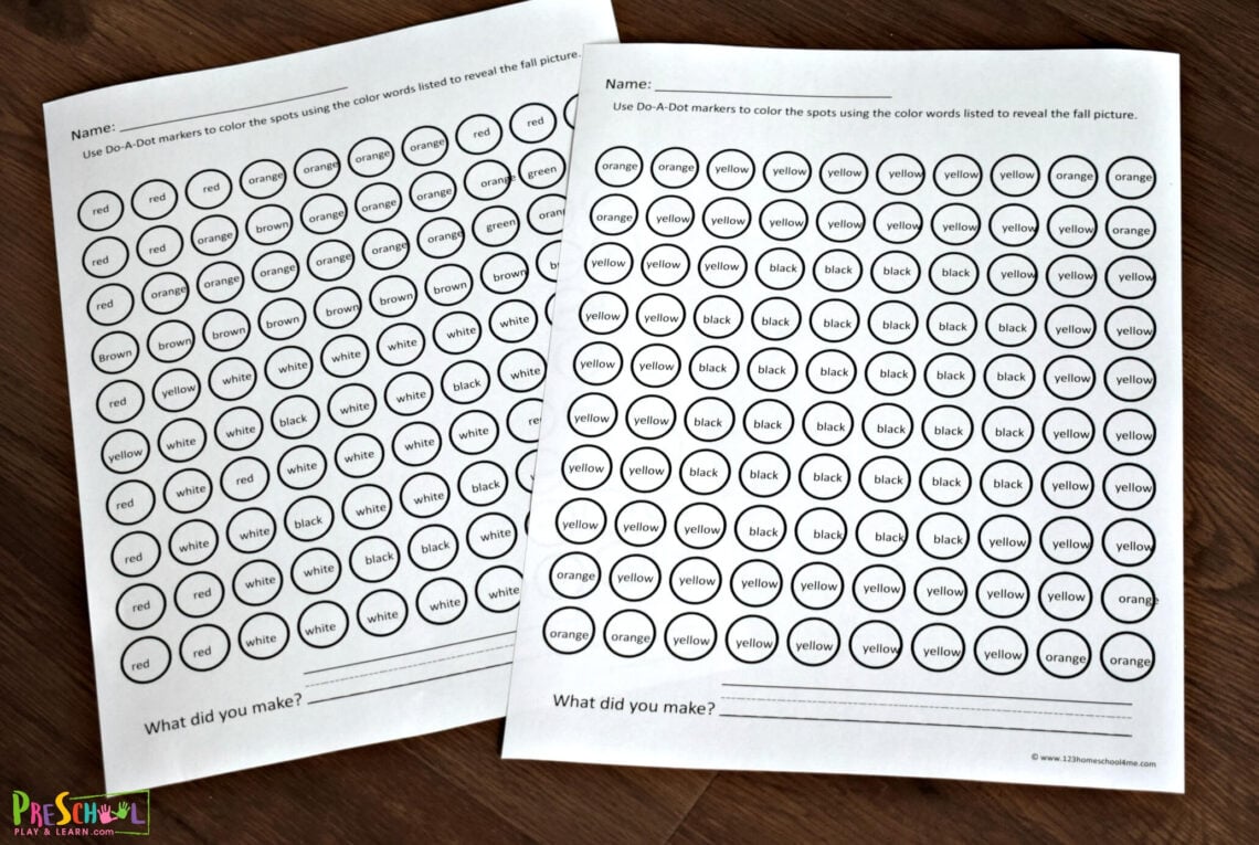 🍂 FREE Printable Fall Color Words Worksheets with Dot Markers