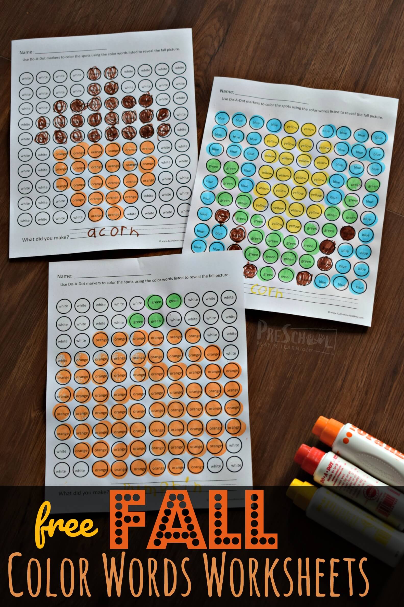 🍂 FREE Printable Fall Color Words Worksheets with Dot Markers