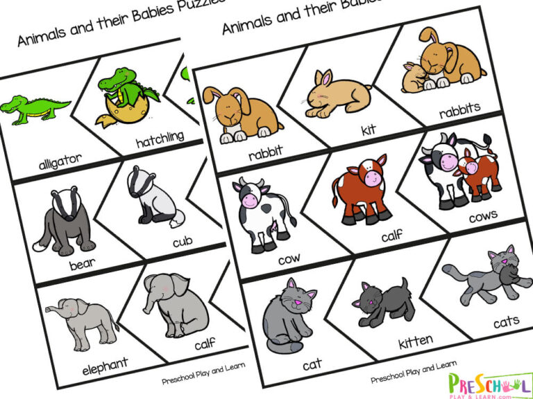 🐢 Animals with their Babies Names Printable Puzzle Activity for Kids