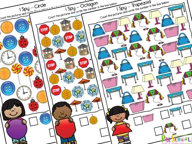 🟡🟪🔺 FREE Printable Shape I Spy Activity for Preschoolers