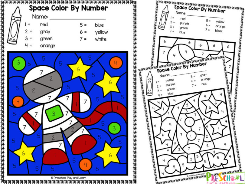 🚀 FREE Printable Outer Space Color By Number Preschool Worksheet