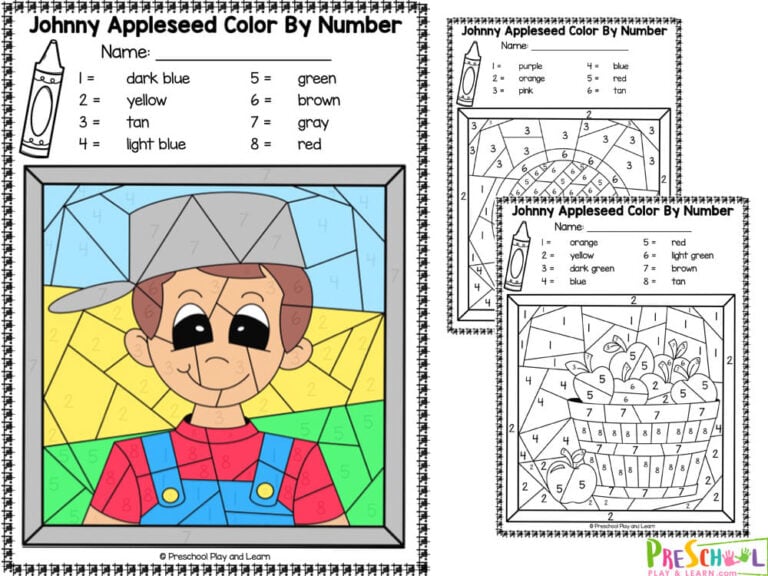FREE Johnny Appleseed Color by Number Worksheets