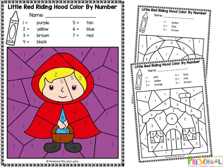 FREE Printable Little Red Riding Hood Color by Number Worksheets