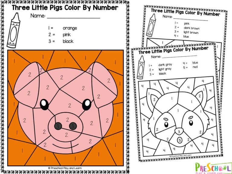 FREE Three Little Pigs Color By Number Worksheets