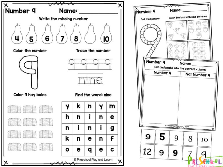 FREE Printable Number 9 Worksheets for Preschool