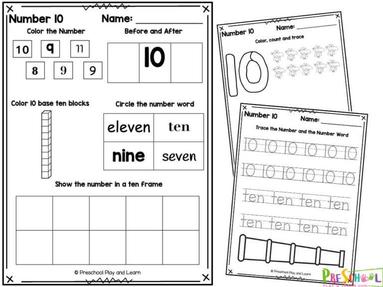 FREE Tracing Number 10 Preschool Math Worksheets