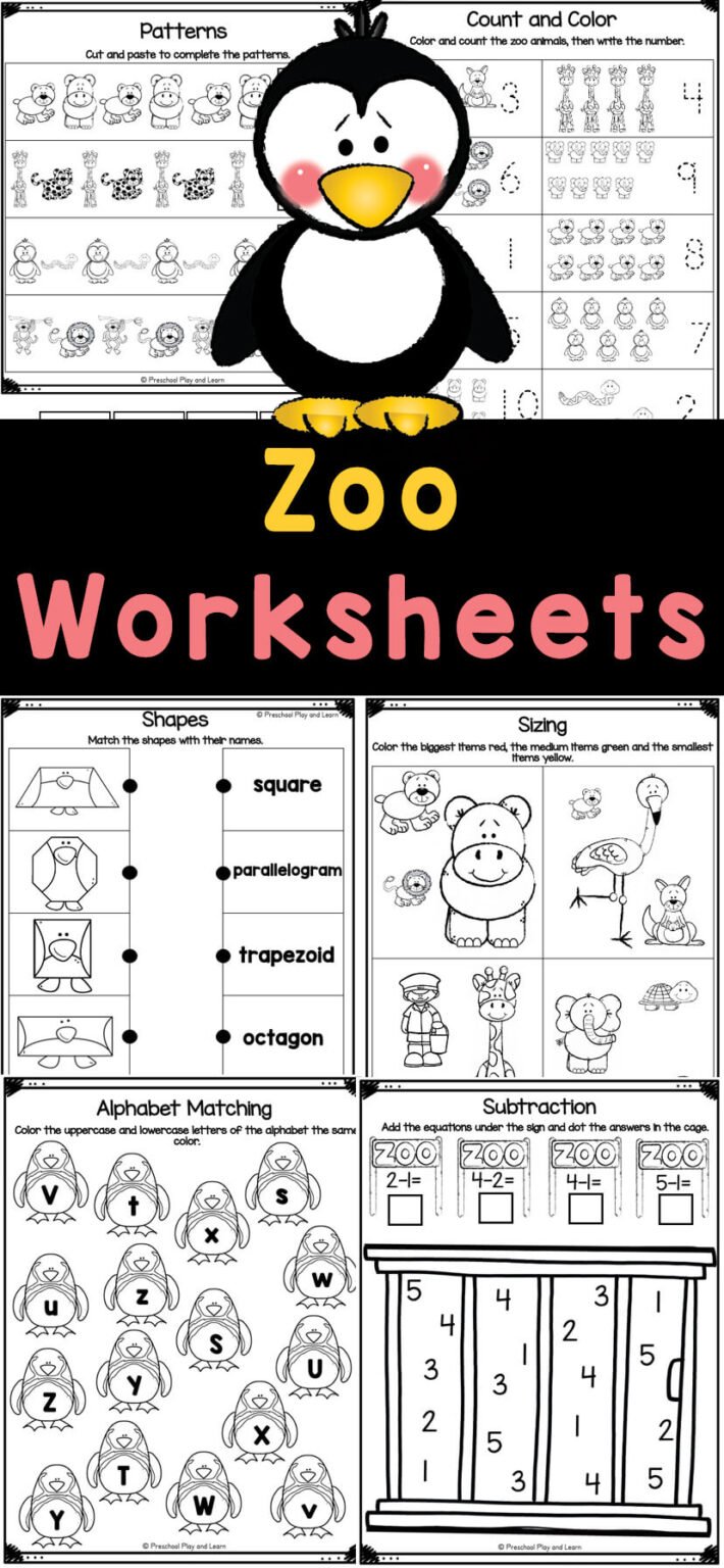 🐒🐘🦩 Free Printable Zoo Animals Worksheets for Preschool / Kindergarten